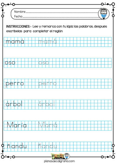 Palabras para practicar Caligrafía - Planas de Caligrafía